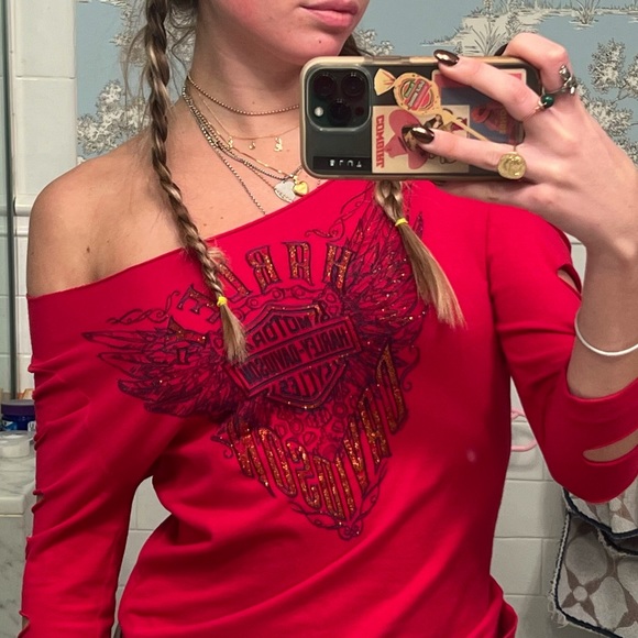 Harley-Davidson | Tops | Vintage Sparkly Reworked Harley Davidson Red ...